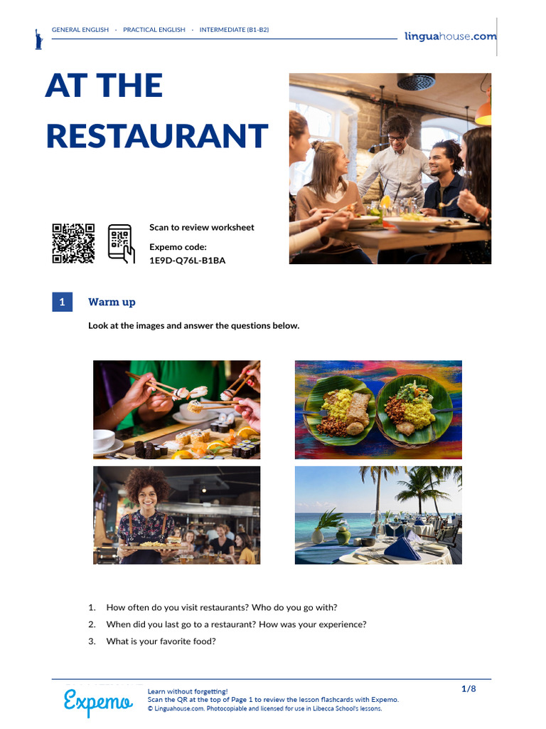 Restaurant Vocabulary for B1-B2 Learners | PDF | Waiting Staff ...