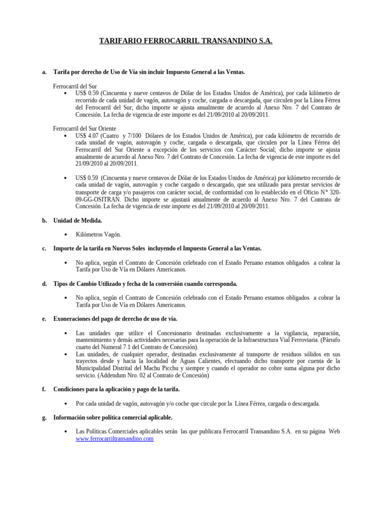 Tarifario FT 2010 2011 | PDF | Transporte ferroviario | Transporte de tierra