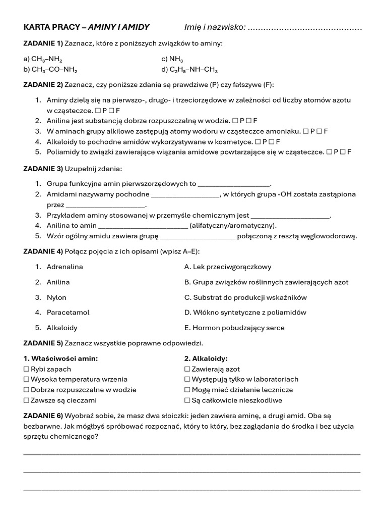 KARTA PRACY - Aminy & Amidy | PDF
