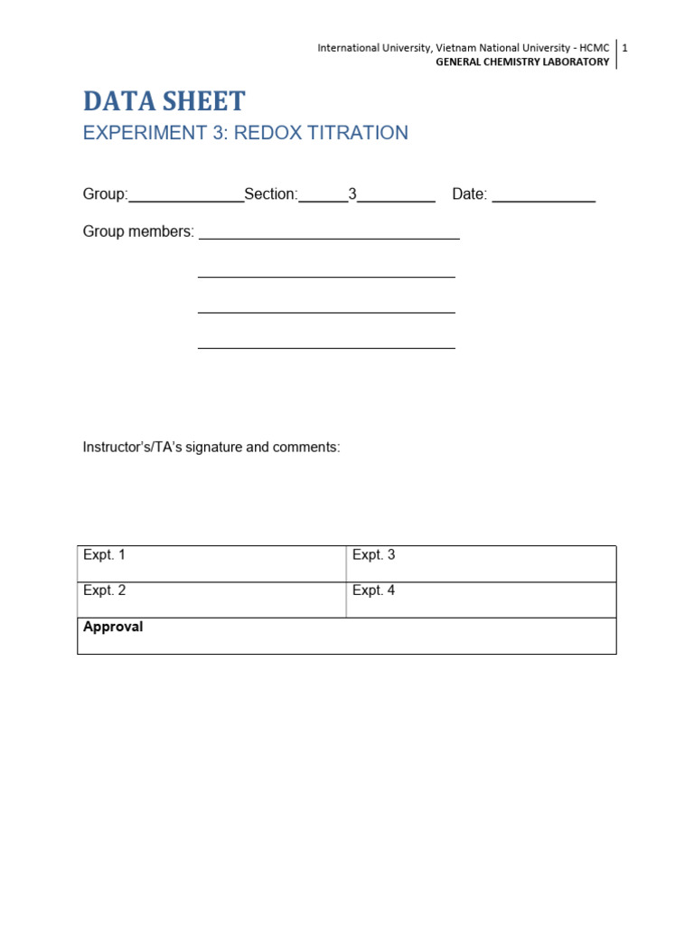 Redox Titration Data Sheet | PDF