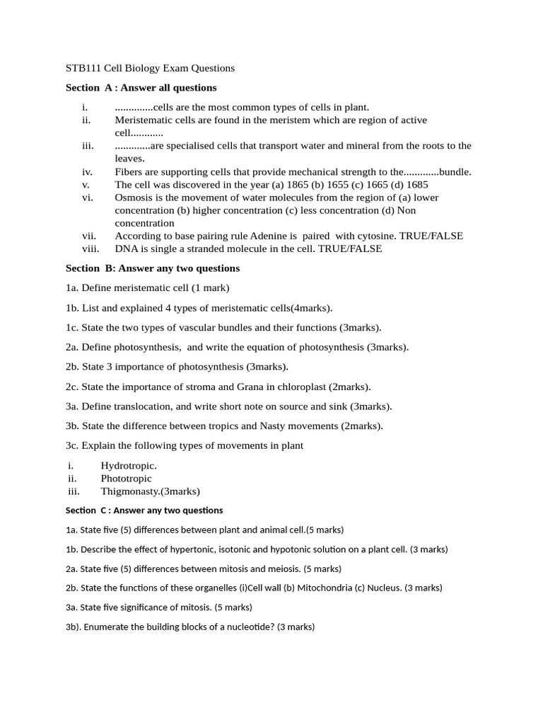 Cell Biology Exam Questions and Answers | PDF