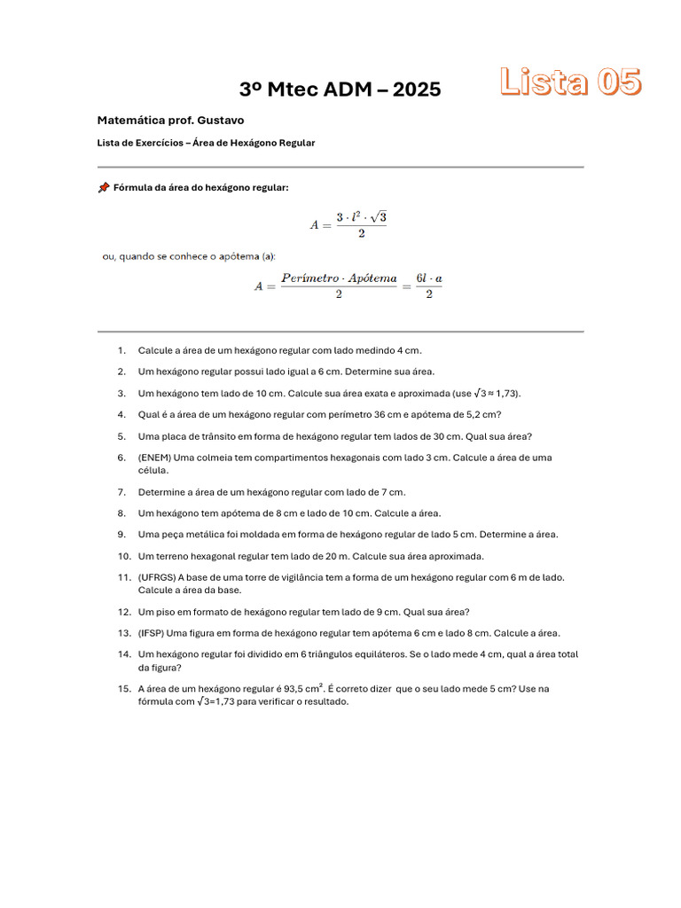 Lista de Exercícios 05 - Área de Hexágono Regular - 3 ADM 2025 | PDF