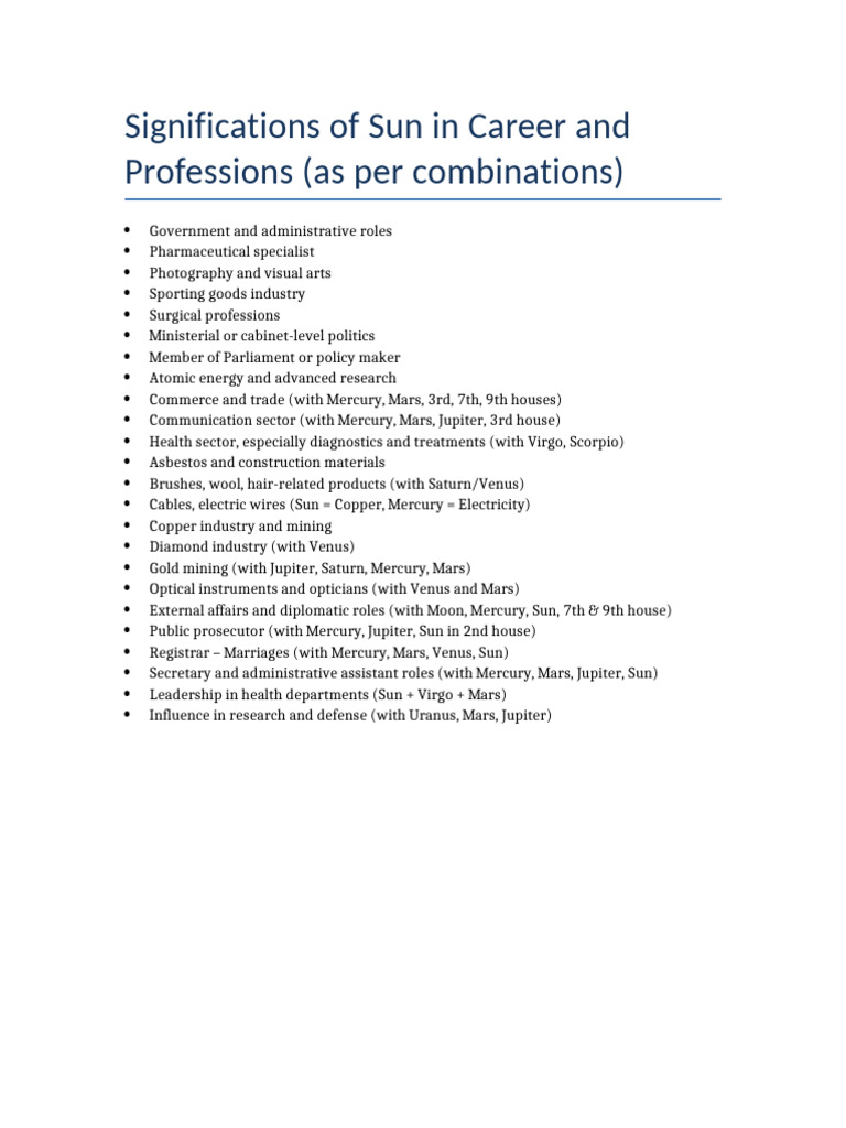 Sun Career Significations | PDF