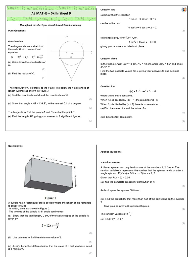 AS Fortnightly Homework Skills Sheet 9 | PDF | Equations | Mathematics