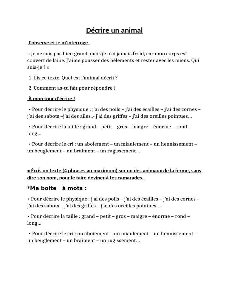 Description d'un animal en classe | PDF
