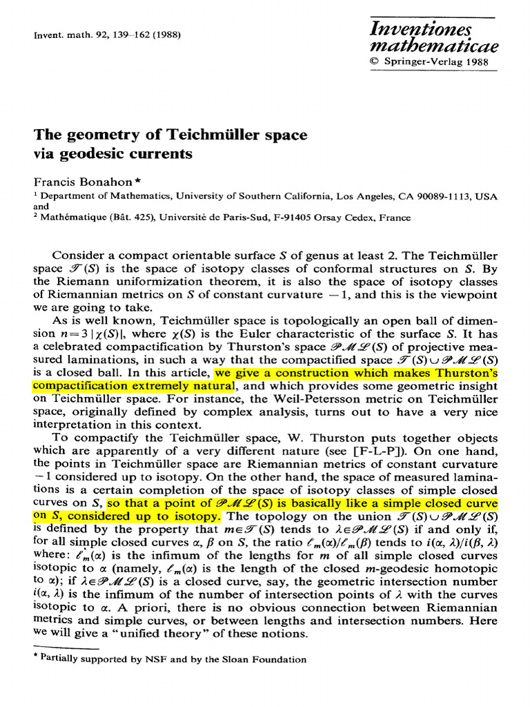 Bon Ah on Geodesic Currents 88 | PDF | Mathematical Concepts | Topology