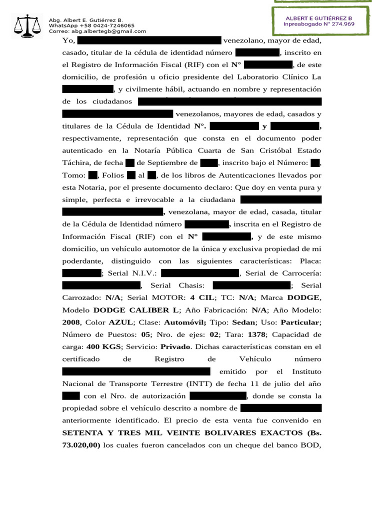 Documento venta vehículo | PDF | Industria automotriz | Vehículos
