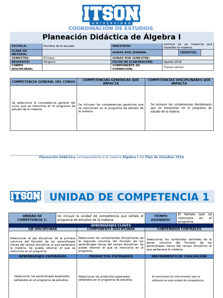 1 Álgebra I Formato Planeación Didáctica 2018 | PDF | Evaluación | Plan de estudios