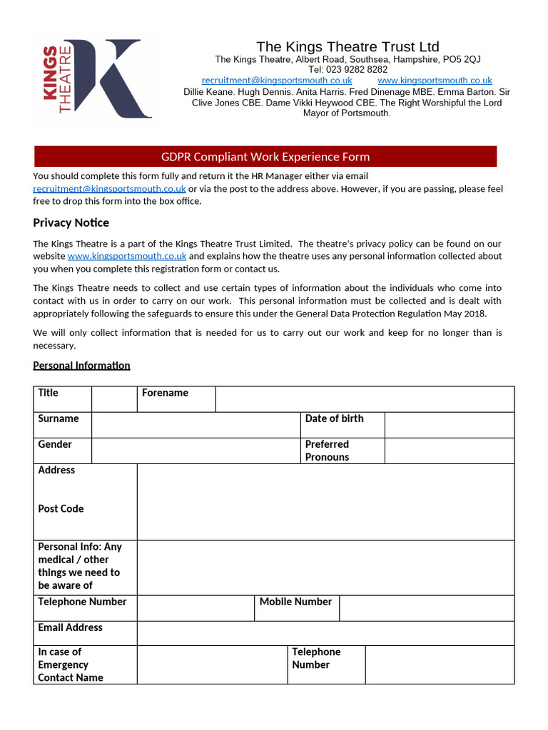 Kings Theatre Work Experience Application | PDF | Justice | Crime ...