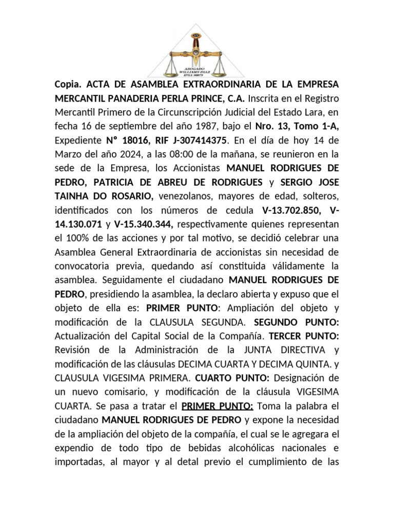 Acta Perla Prince Corregida y Revisada 9 4 24 | PDF | Business