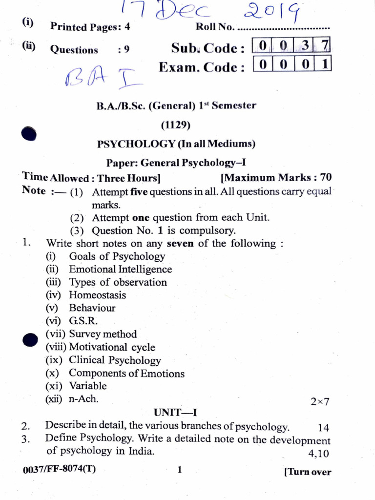 BA Semester 1 Psychology Question Papers | PDF