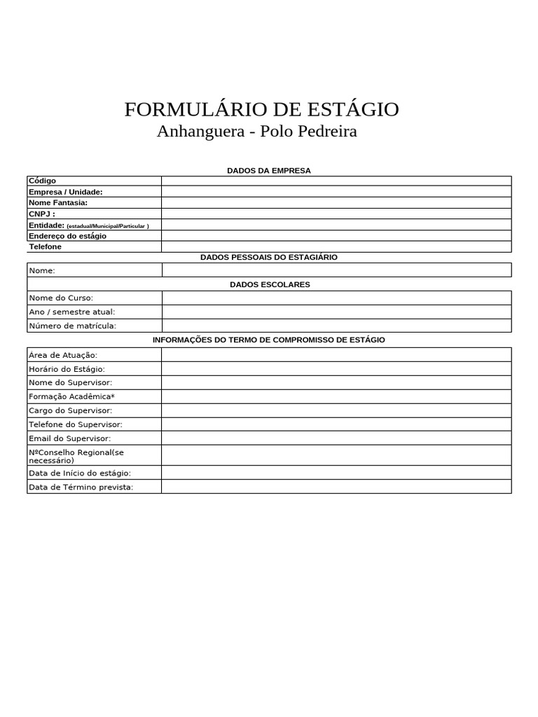Formulário de Estágio Anhanguera Pedreira | PDF