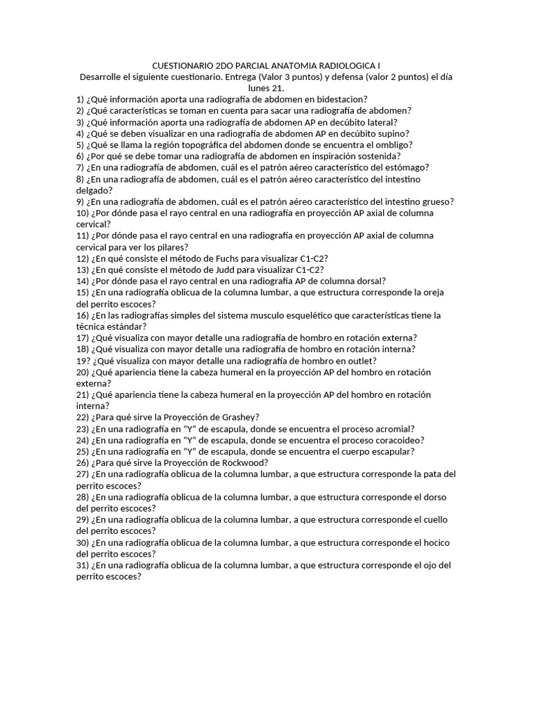 Cuestionario 2do Parcial Anatomia Radiologica I | PDF | Abdomen | Hombro