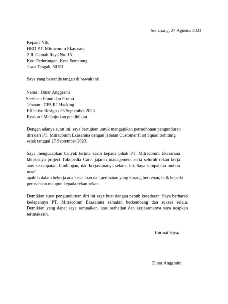 Surat Pengunduran Diri Dinar Anggraini | PDF