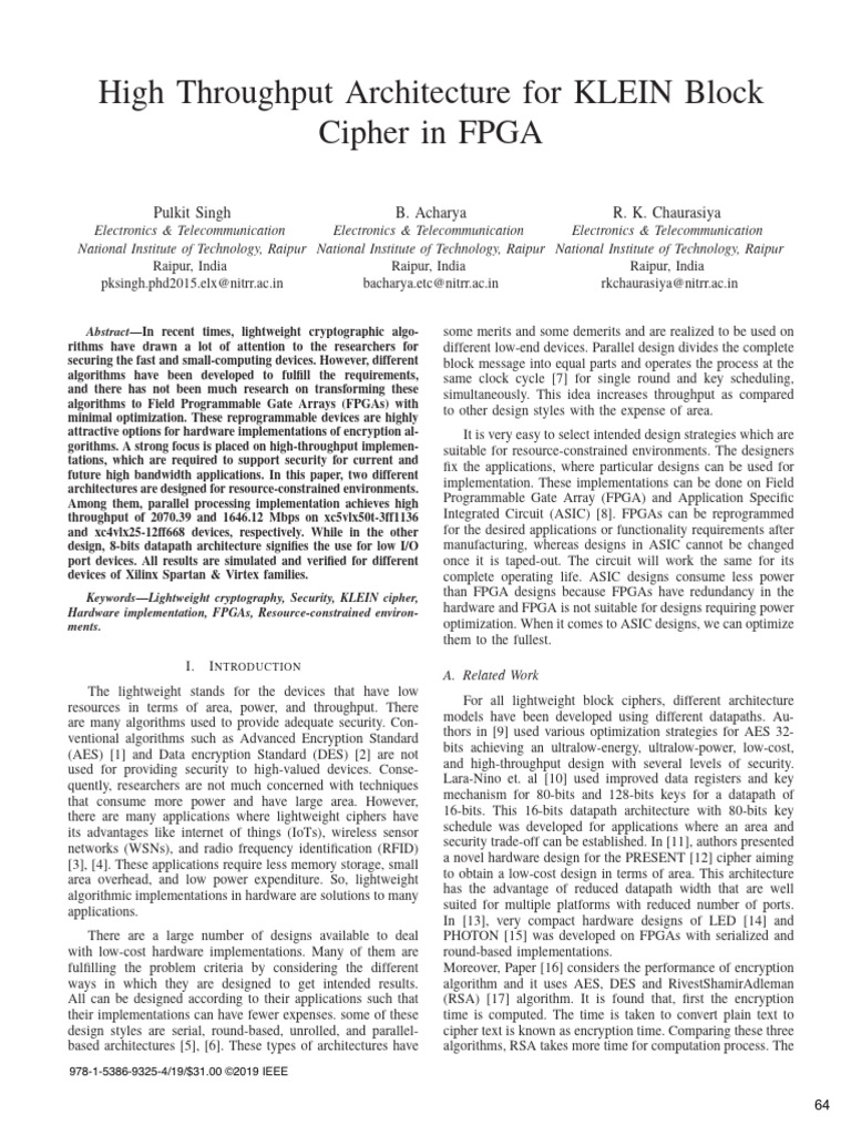 High_Throughput_Architecture_for_KLEIN_Block_Cipher_in_FPGA | PDF | Field Programmable Gate ...