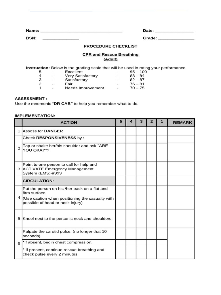 Checklist CPR Adult 1 - 013856 | PDF | Cardiopulmonary Resuscitation ...
