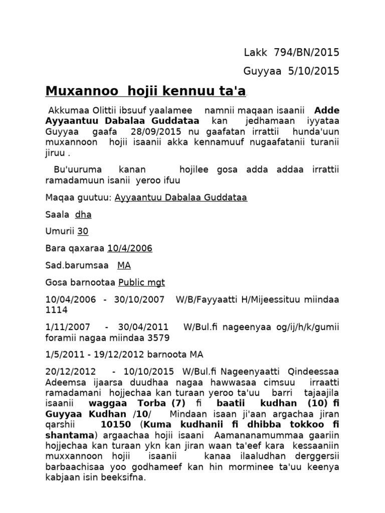 Muxannoo Hojii Kennuu Ta'a: Adde Ayyaantuu Dabalaa Guddataa | PDF