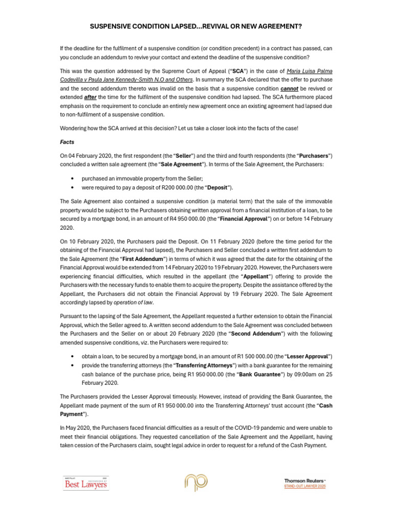 Suspensive Condition Lapsed - Revival or New Agreement | PDF | Appeal ...