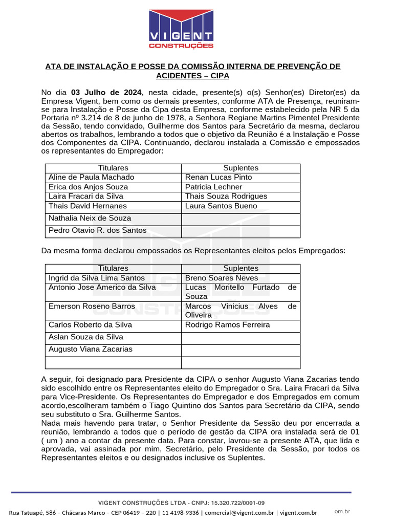 Ata de Posse da CIPA da Vigent | PDF | Brasil