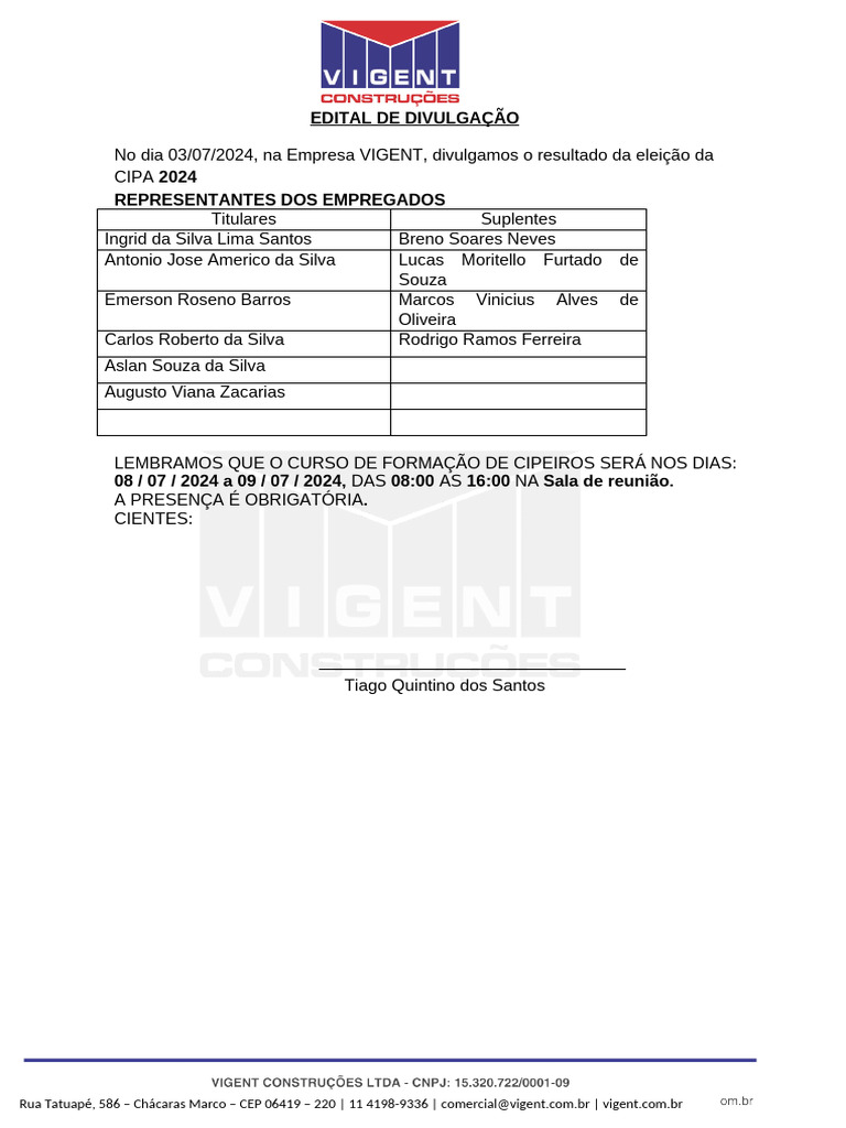 Resultado da Eleição CIPA 2024 VIGENT | PDF