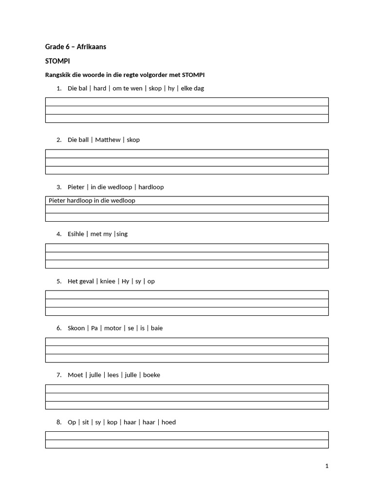 Grade 6 - Afrikaans Stompi: Rangskik Die Woorde in Die Regte Volgorder ...