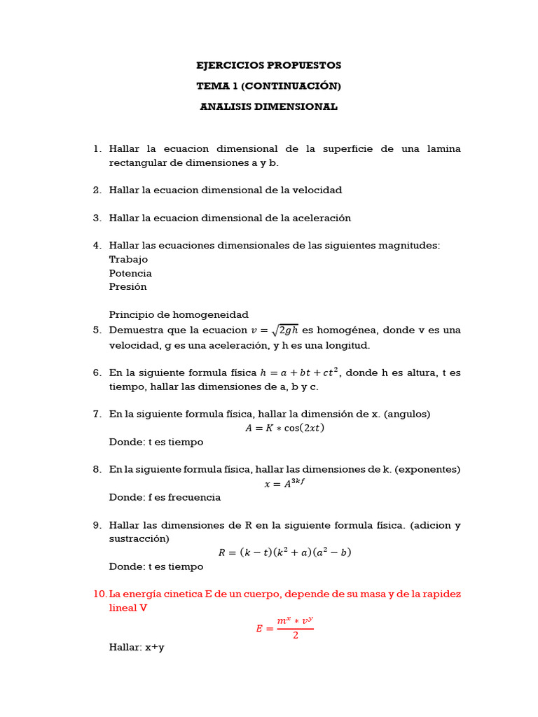 Ejercicios Propuestos Analisis Dimensional | PDF | Péndulo | Cantidades fisicas