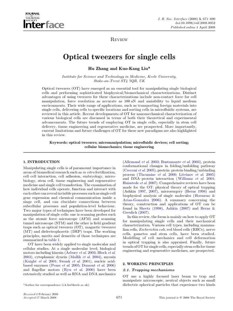 Optical Tweezers for Single Cell Manipulation | PDF | Optics | Force