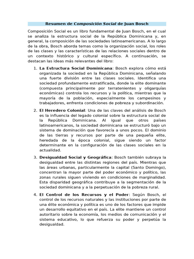 Resumen de Composición Social de Juan Bosch | PDF | Sociedad ...
