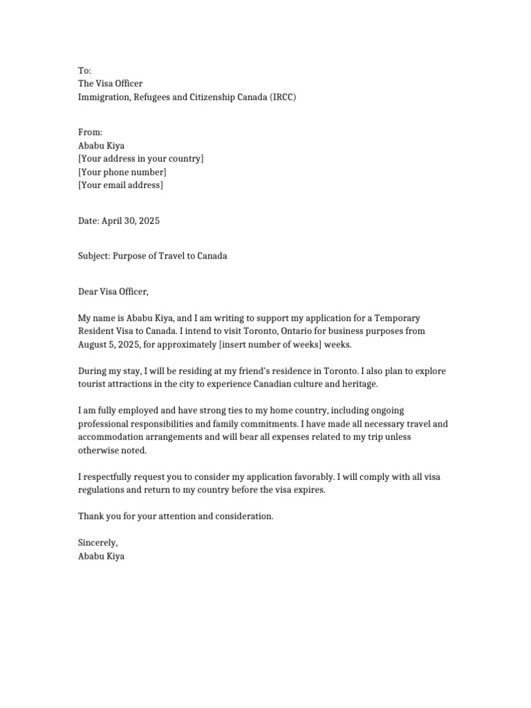 Purpose of Travel Letter Ababu Kiya | PDF