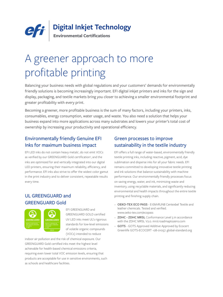 EFI Ink Certifications Datasheet US | PDF | Recycling | Printer (Computing)