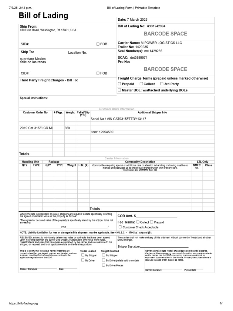 Bill of Lading Form - Printable Template | PDF | Cargo | Freight Transport