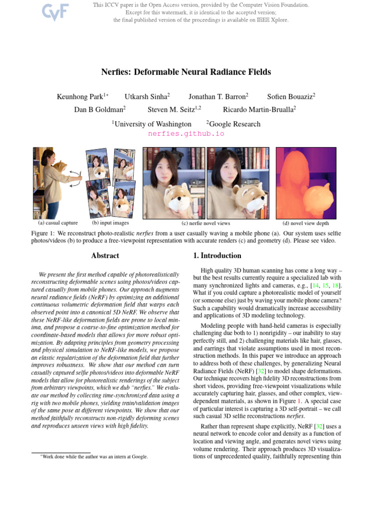 Park Nerfies Deformable Neural Radiance Fields ICCV 2021 Paper | PDF