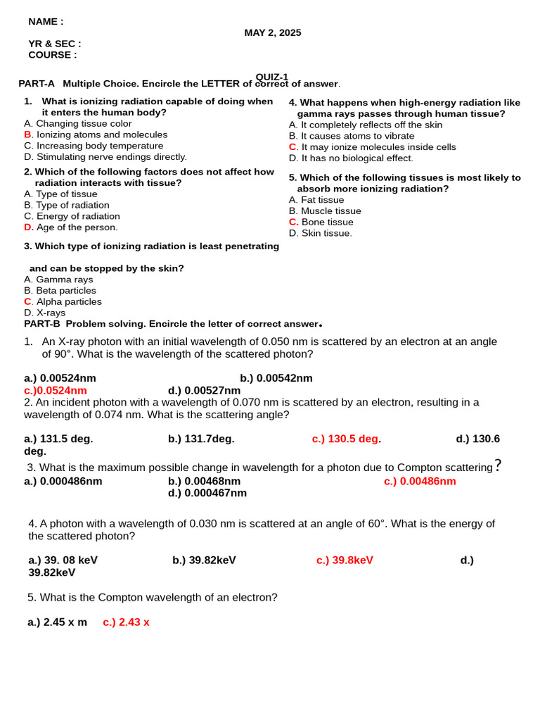 Quiz 1 Ques. and Ans. Key May 7 2025 Rad Phys | PDF | Radiation | Ionizing Radiation