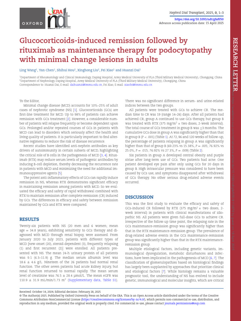 Glucocorticoids-Induced Remission Followed by Rituximab As Maintenance Therapy For Podocytopathy ...