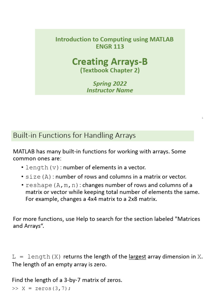 ENGR113 - Lecture 5-Creating Arrays-B | PDF | Matrix (Mathematics) | Matlab