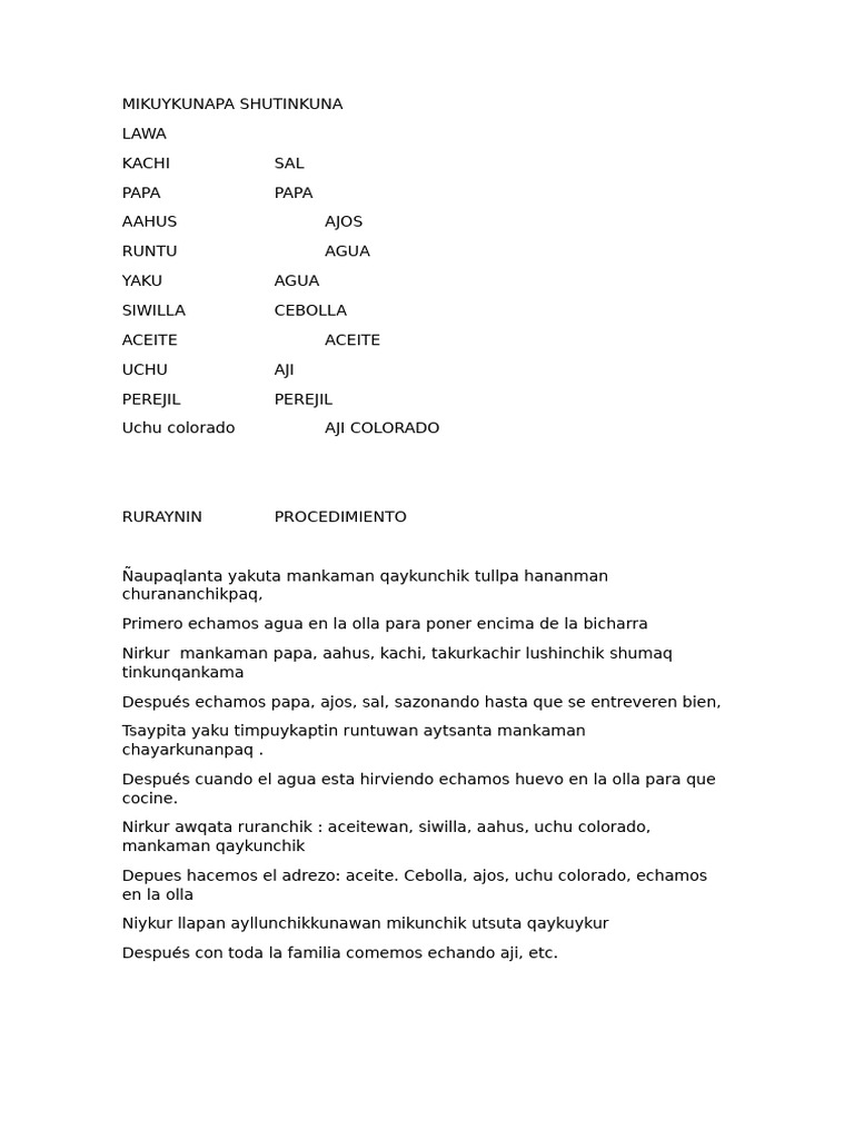 Receta de Comida en Quechua | PDF