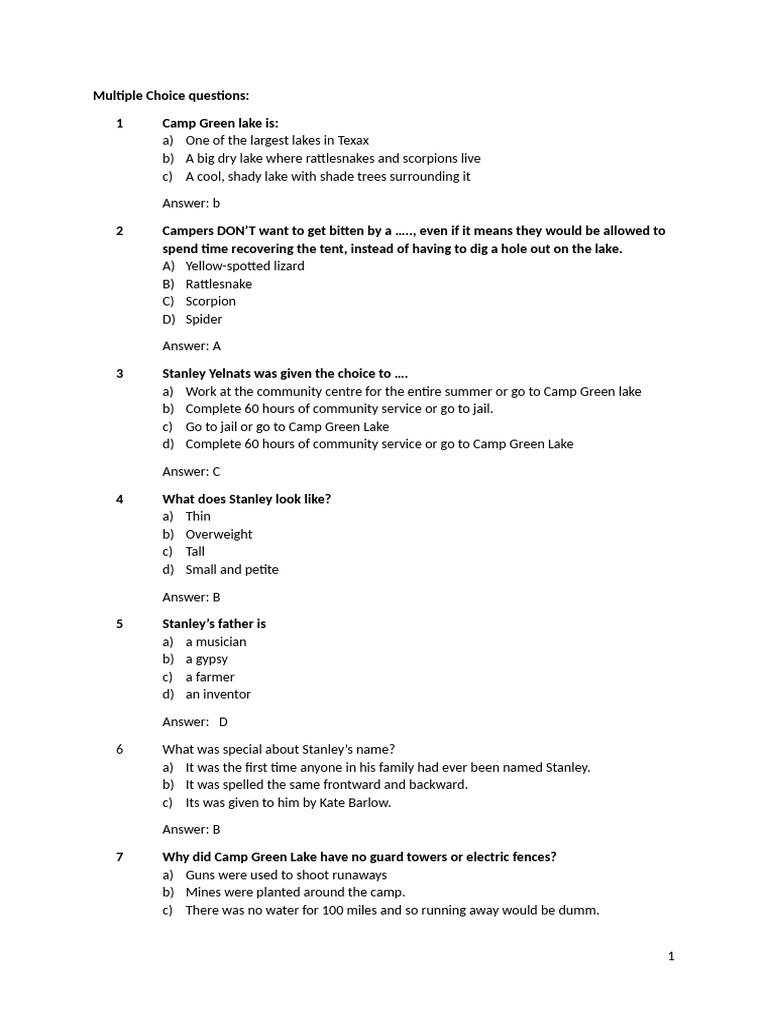 Holes: Comprehension Questions & Answers | PDF