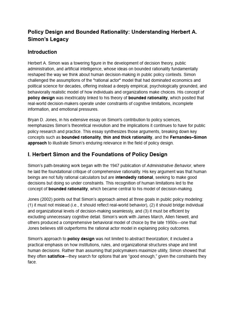 Policy Design and Bounded Rationality - Understanding Herbert A | PDF ...