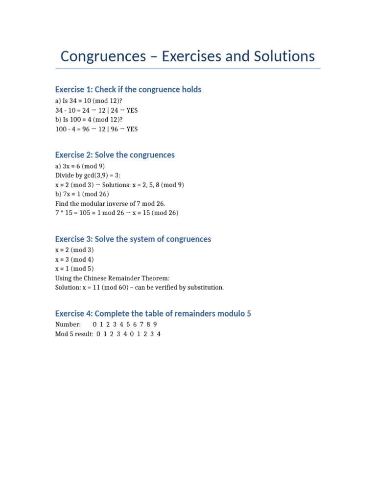 Congruences Exercises Solutions en | PDF