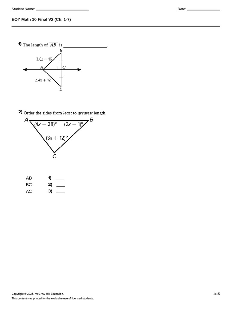EOY Math 10 Final V2 Ch. 1-7 | PDF | Area | Classical Geometry