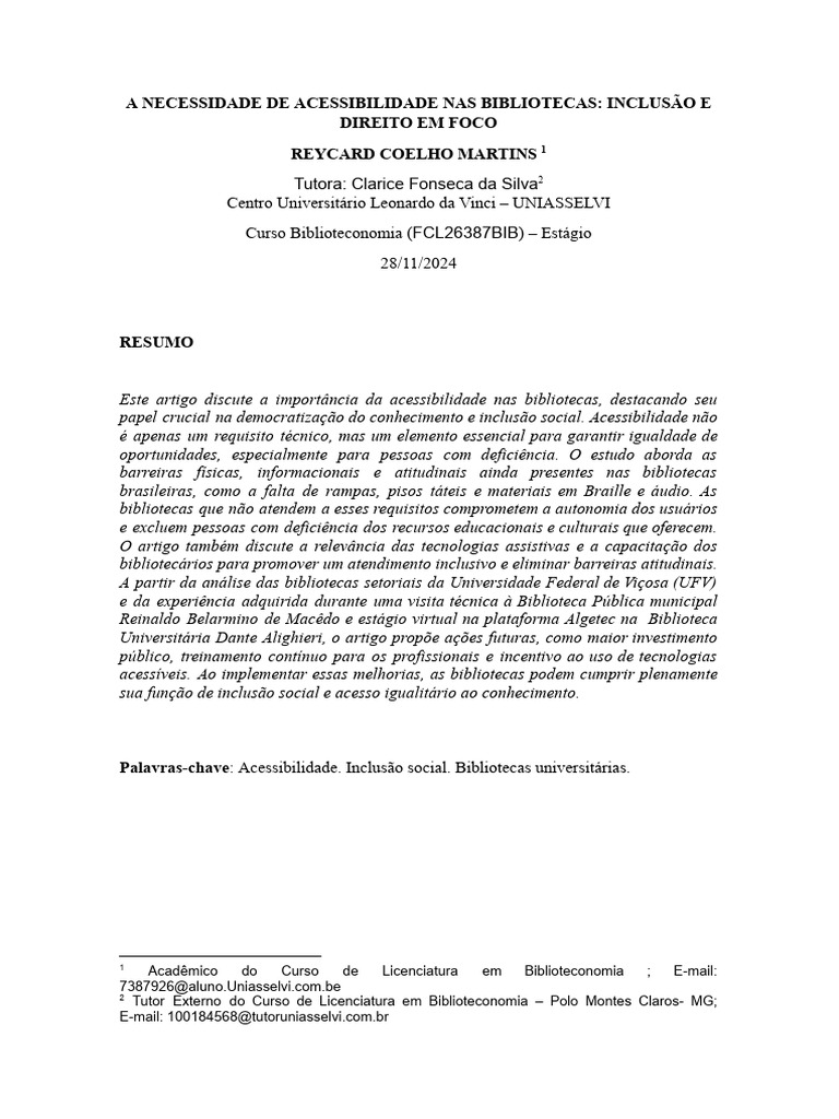 Paper REYCARD COELHO MARTINS | PDF | Acessibilidade | Bibliotecas