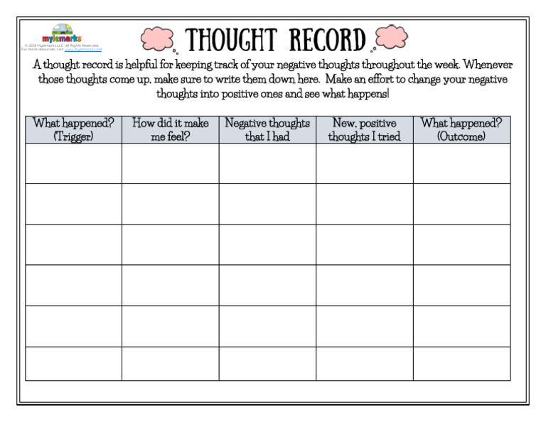 Anxiety Thought Record Mylemarks LLC - Fillable | PDF
