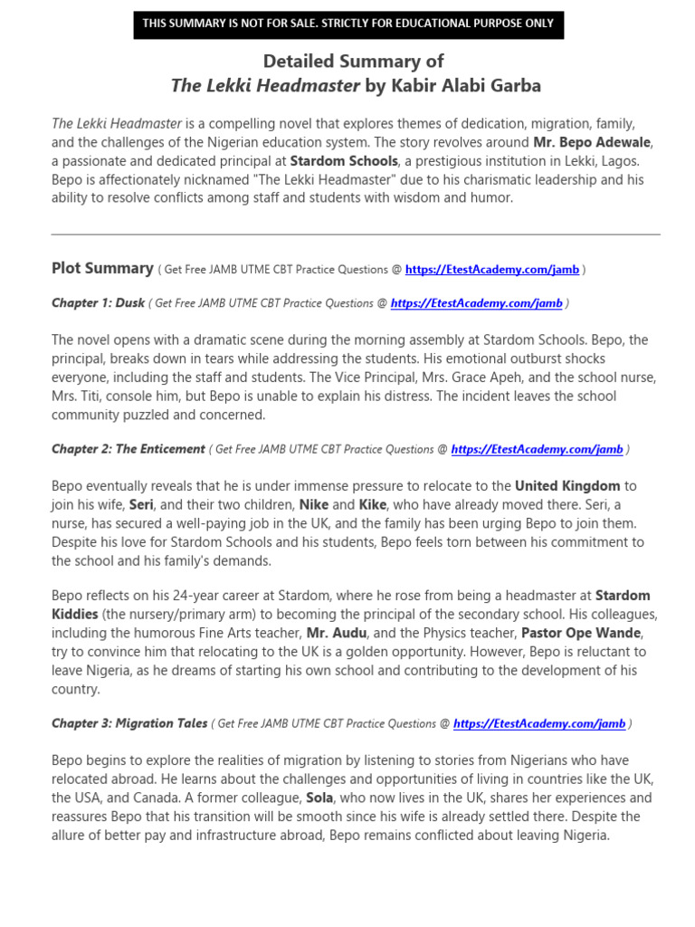 Summary of The Lekki Headmaster | PDF