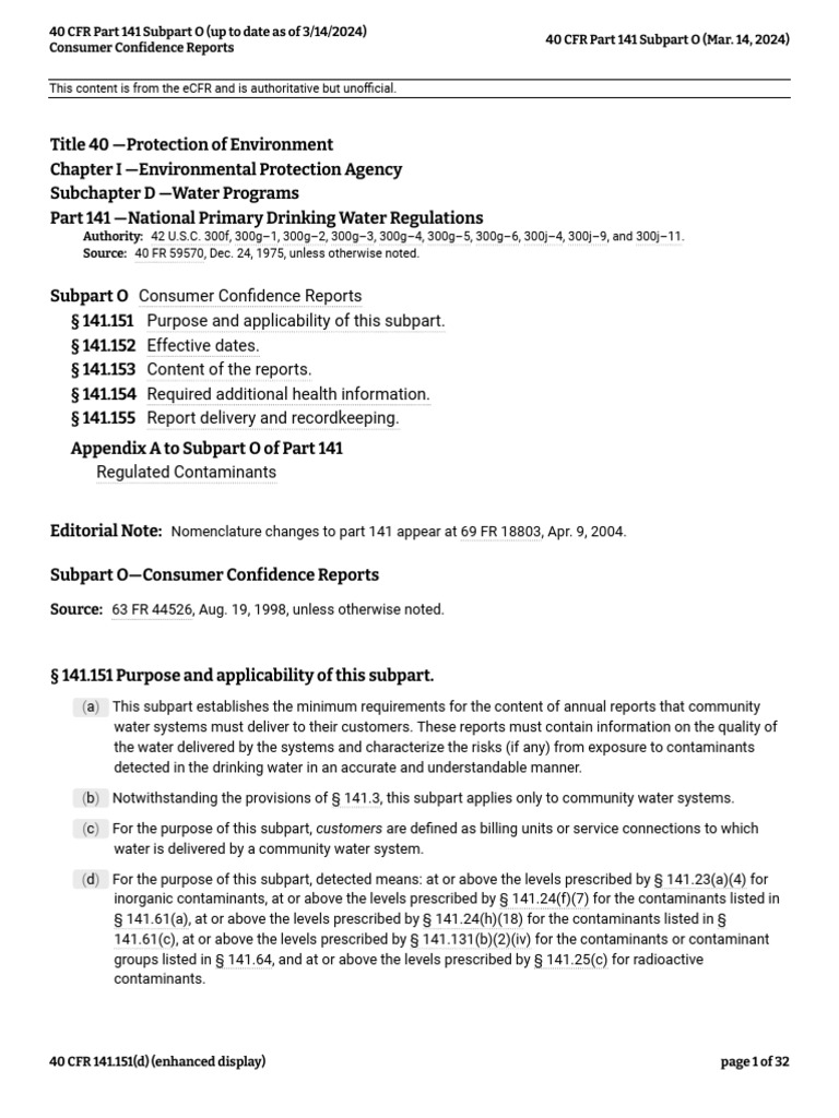 40 CFR Part 141 Subpart O - con Apéndice A ( @ 14 marzo 2024) | PDF ...
