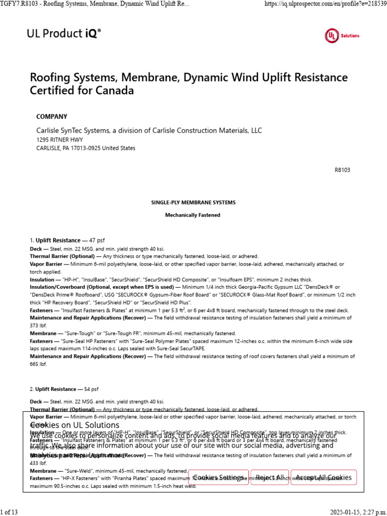 Suremb 70 SA Uplift Resistance Details | PDF | Thermal Insulation | Roof