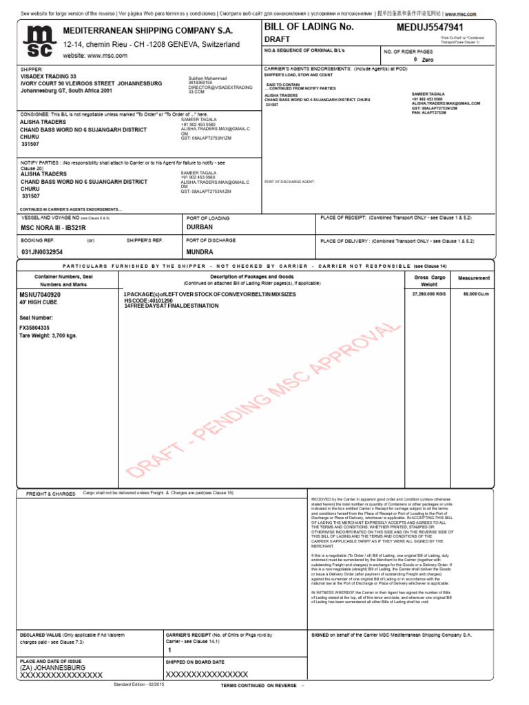 Bill of Lading for Alisha Traders | PDF | Bill Of Lading | Cargo