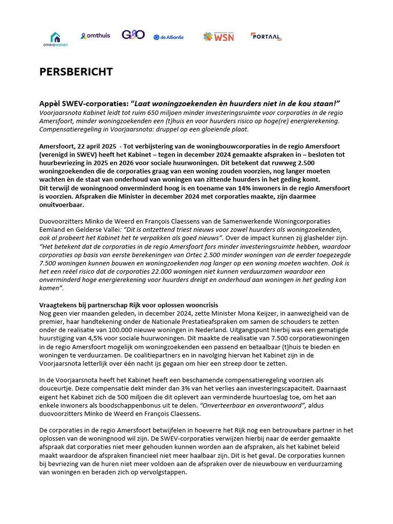 Persbericht SWEV Huurbevriezing - April 2025 | PDF
