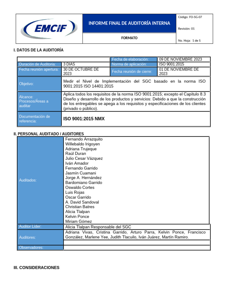 FO-SG-07 Informe Final de Auditoria Interna 20231109 | PDF | Auditoría | Residuos
