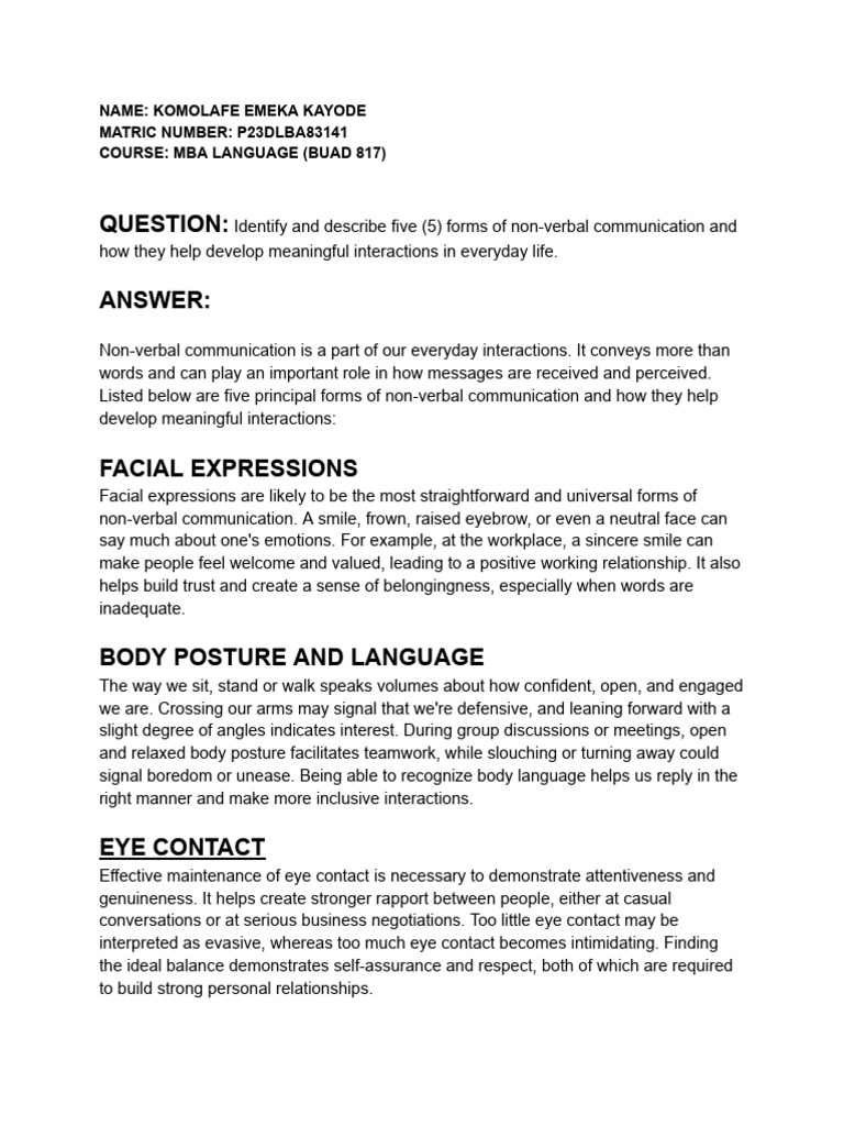 Name - Komolafe Emeka Kayode | PDF | Nonverbal Communication | Body ...