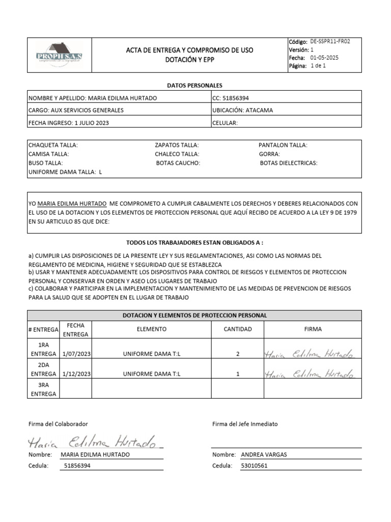 Acta Entrega de Dotación | PDF
